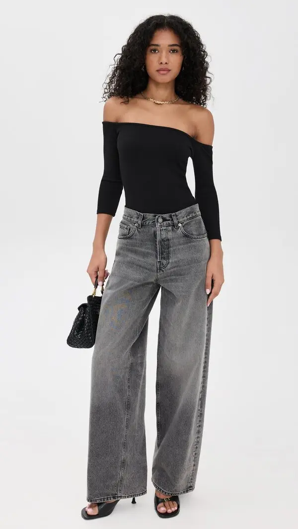 L'Agence Evelyn Off-shoulder Ribbed Thong Bodysuit