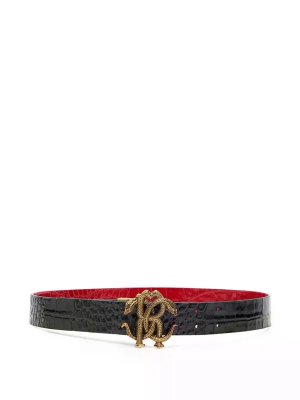 Roberto Cavalli Mirror Snake Monogram Reversible Belt - Black