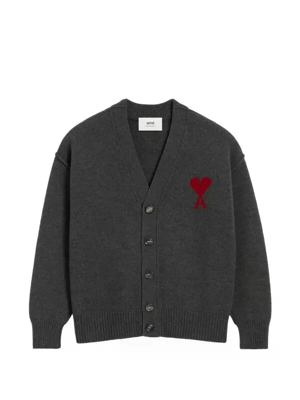 AMI Paris De Coeur V-neck Cardigan In Merino Wool - Grey