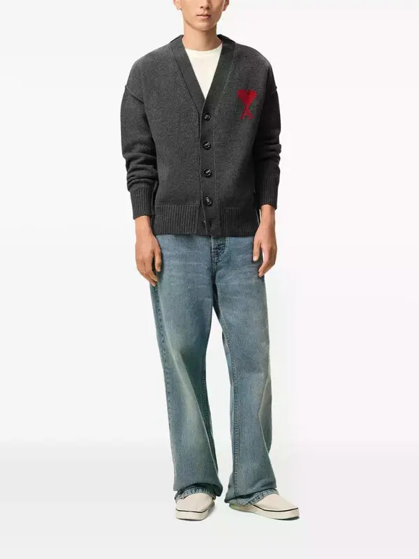 AMI Paris De Coeur V-neck Cardigan In Merino Wool - Grey