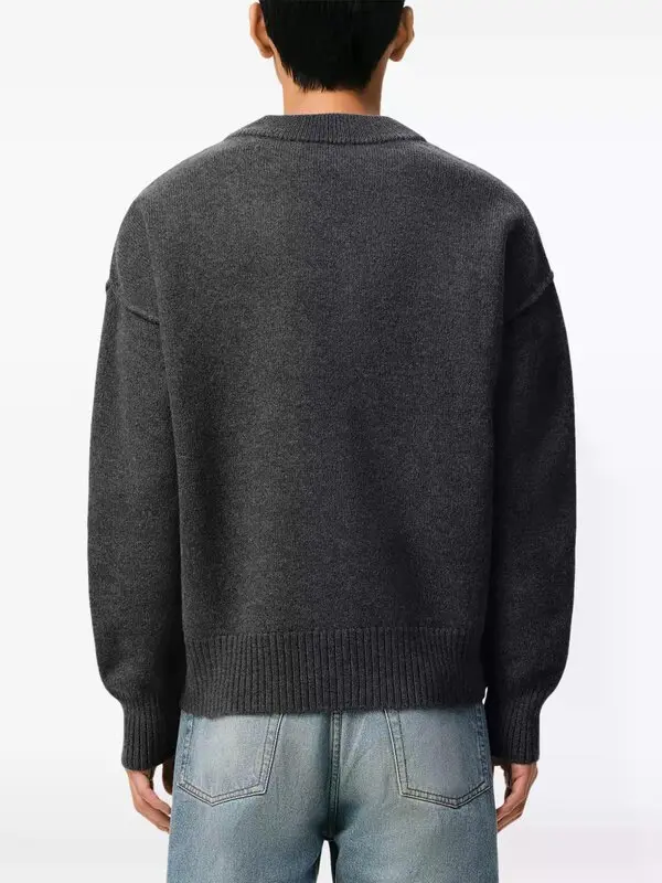 AMI Paris De Coeur V-neck Cardigan In Merino Wool - Grey
