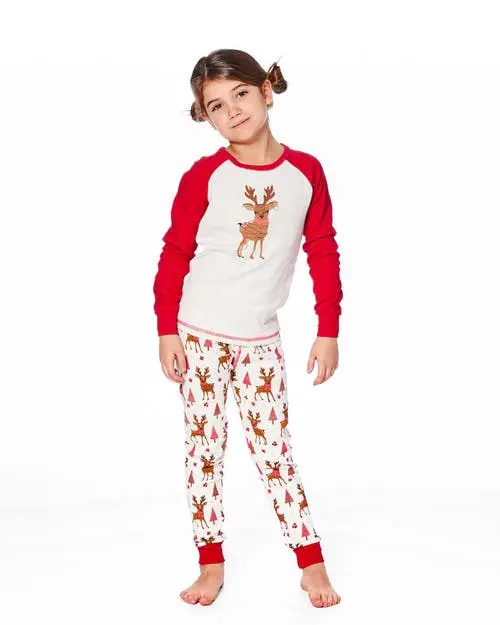 DEUX PAR DEUX Organic Cotton Two-piece Pajamas Girly Reindeer - Beige