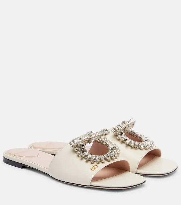 Valentino Garavani Adamantine Embellished Leather Slides - White