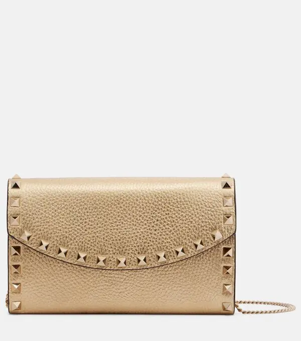 Valentino Garavani Rockstud Metallic Leather Wallet-on-chain - Gold