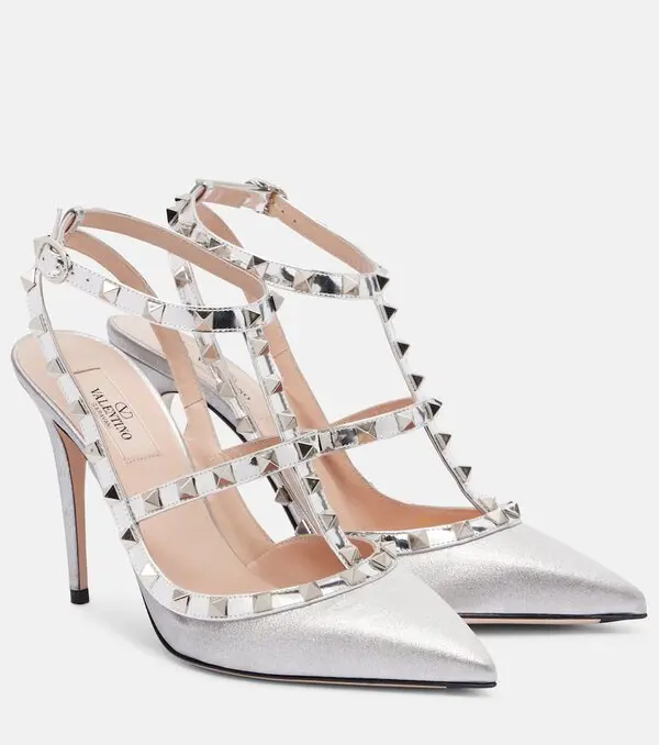 Valentino Garavani Rockstud 100 Leather-trimmed Glitter Pumps - Silver