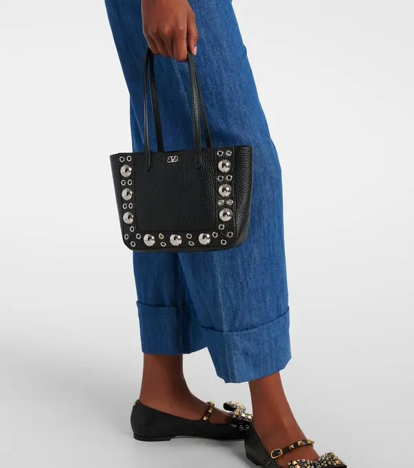 Valentino Garavani Nellcôte Mini Embellished Leather Shopper - Black