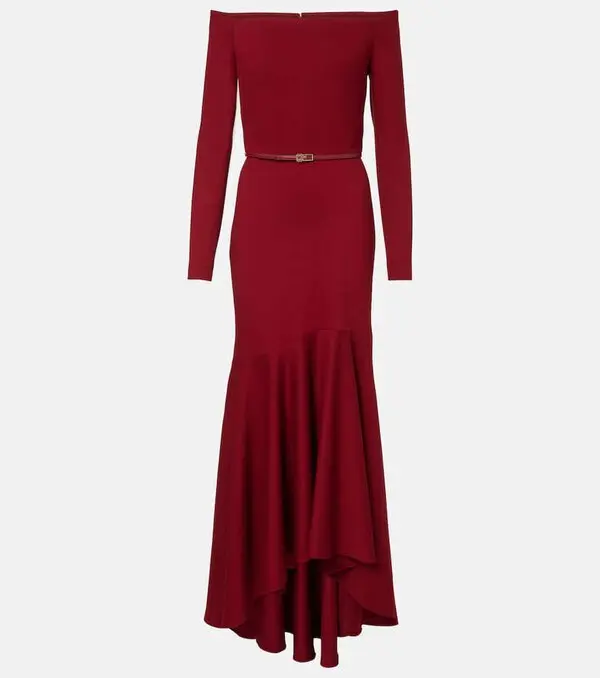 Elie Saab Belted Off-shoulder Jersey Gown