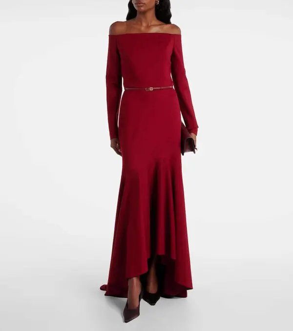 Elie Saab Belted Off-shoulder Jersey Gown