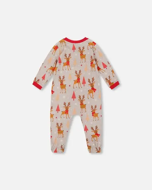 DEUX PAR DEUX One-piece Organic Cotton Pajama With Reindeer Print - Beige