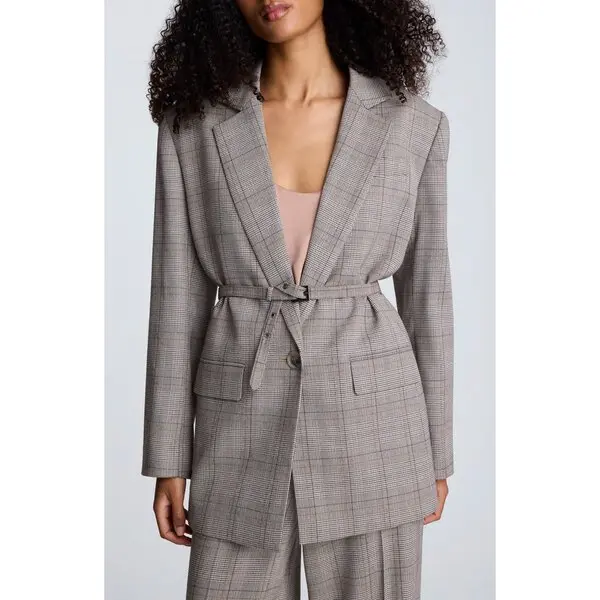 KENNETH COLE Belted Plaid One-button Blazer