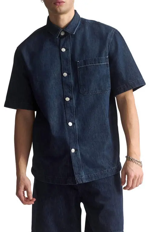 Brooklyn Industries Denim Graphic Short Sleeve Button-up Shirt - Dark Indigo