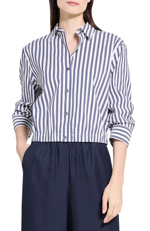 Theory Stripe Crop Woven Shirt - Blue Multi