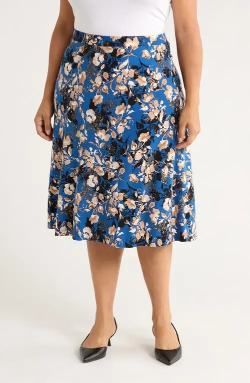 KASPER Flared Pull-on Midi Skirt - Blue Night Multi