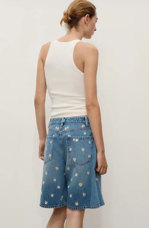 Mango Floral Embroidered Denim Bermuda Shorts