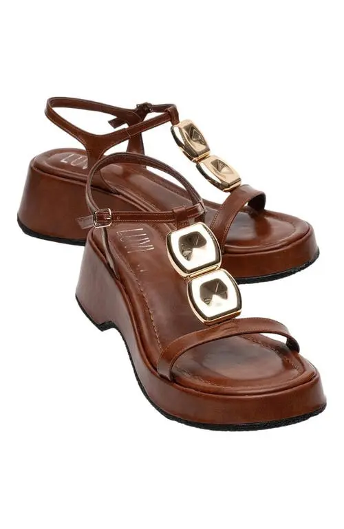 PROLOGUE SHOES Kerry Buckle Platform Sandals - Cognac Faux Leather