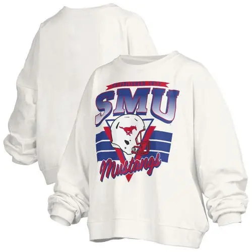 PRESSBOX Smu Mustangs Oversized Waist-length Pullover Sweatshirt - White