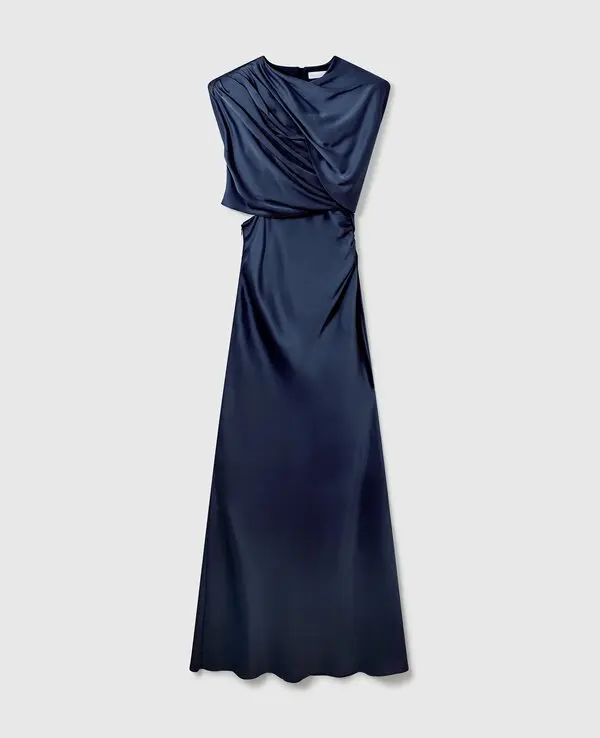 silk navy wrap dress Dark Blue Silk Wrap Dress: Elegant Long Sleeve Maxi Gown