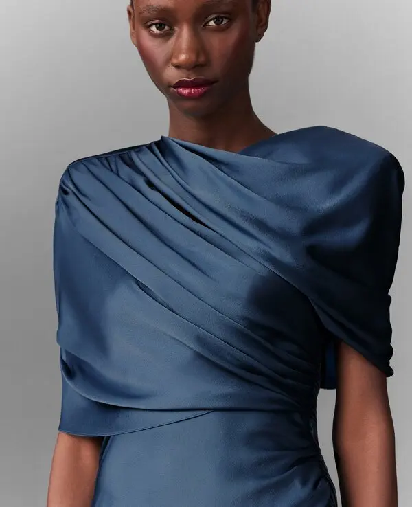 navy satin wrap dress Women's Ruffle Sleeve Satin Back Crepe Wrap Dress, Navy