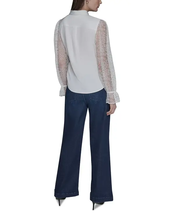 Karl Lagerfeld Paris Lace Sleeve Button-up Blouse
