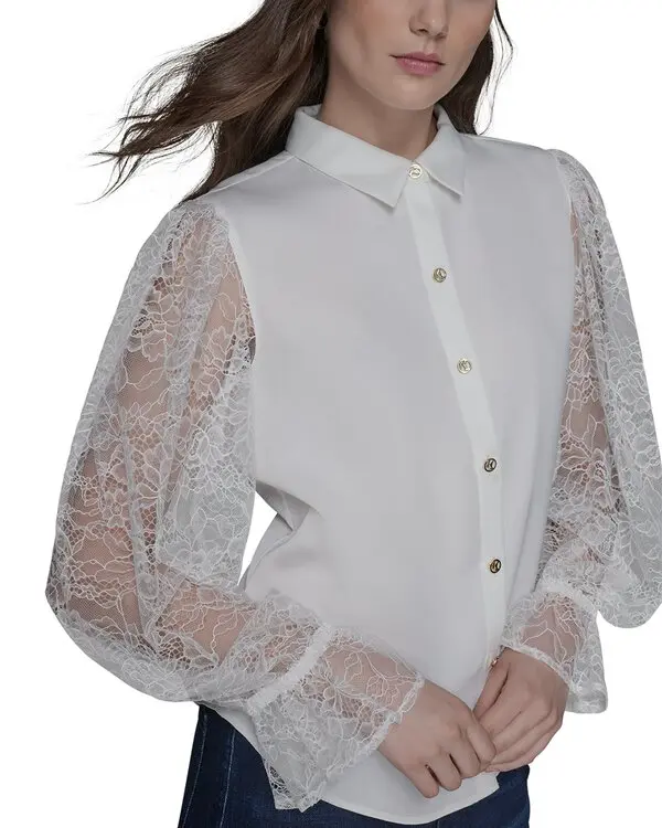 Karl Lagerfeld Paris Lace Sleeve Button-up Blouse