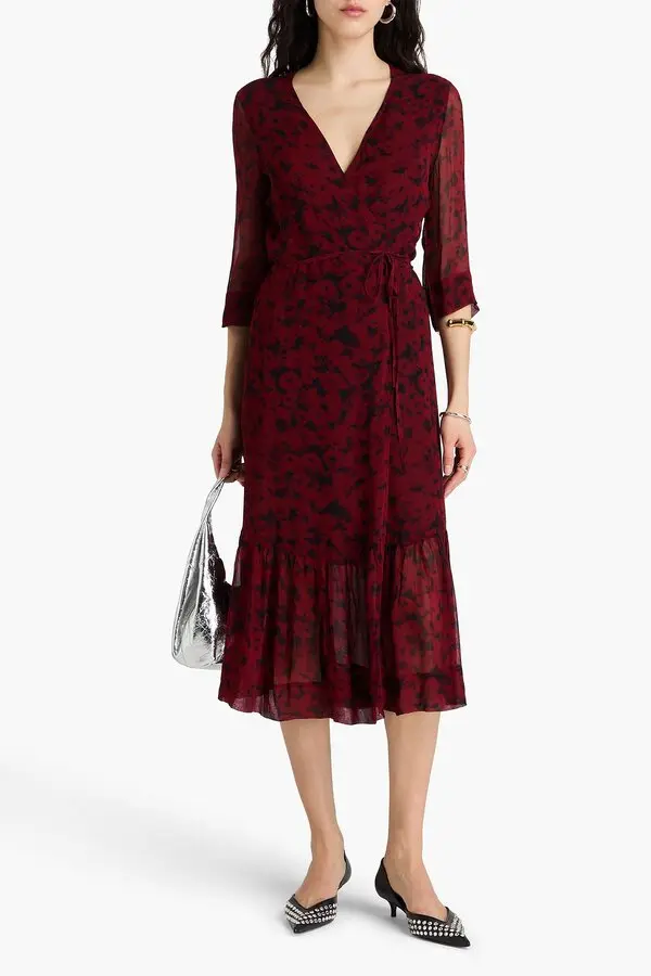 GANNI Printed Georgette Midi Wrap Dress