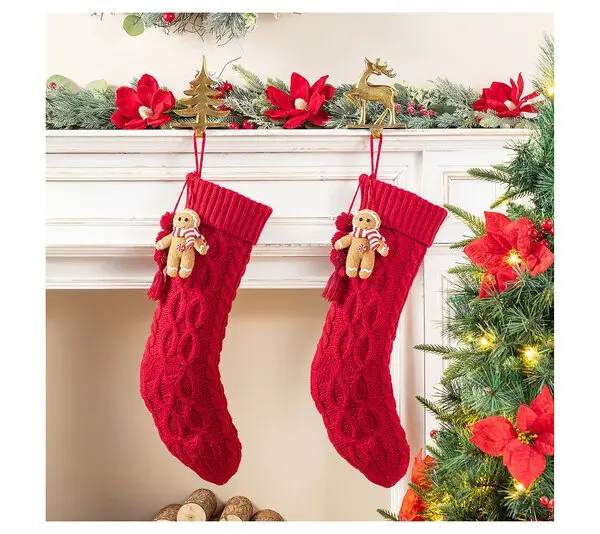GLITZHOME 22'l Red Gingerbread Knitted Chri Stmas Stocking - One-color