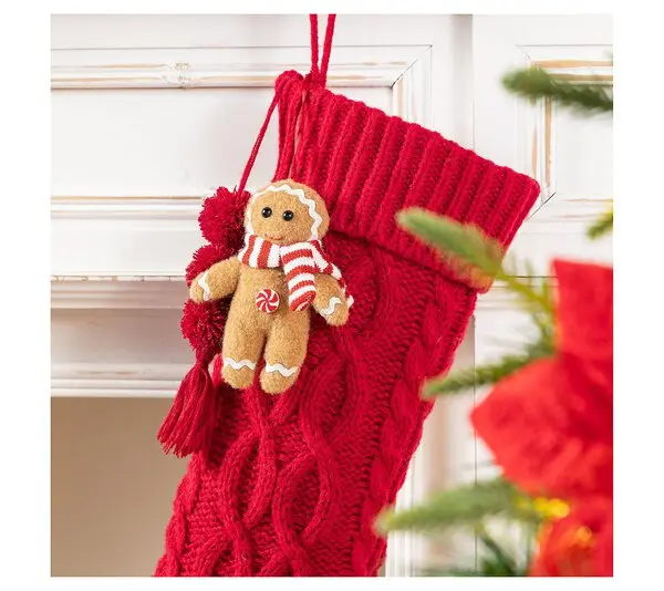 GLITZHOME 22'l Red Gingerbread Knitted Chri Stmas Stocking