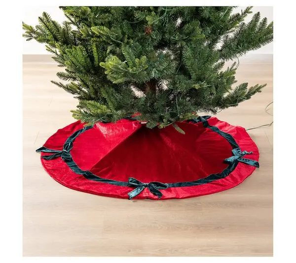 GLITZHOME 48'd Red Velvet Christmas Tree Skirt Ith Bows - One-color