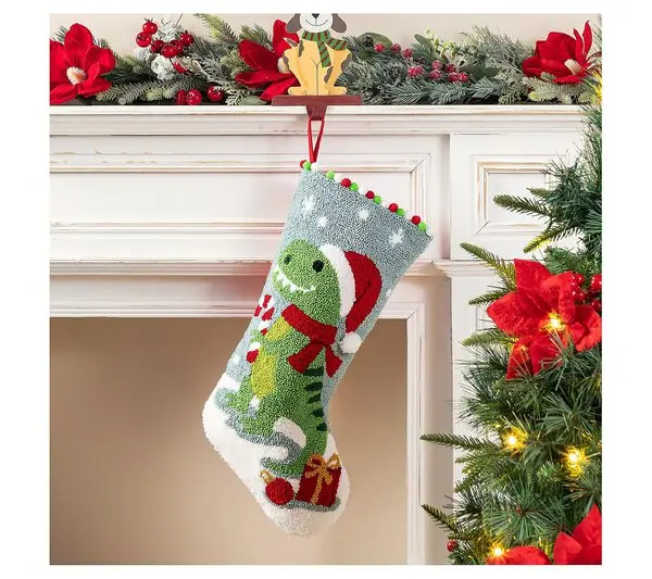 GLITZHOME 21'l Hooked Dinosaur Christmas Stocki Ng - One-color