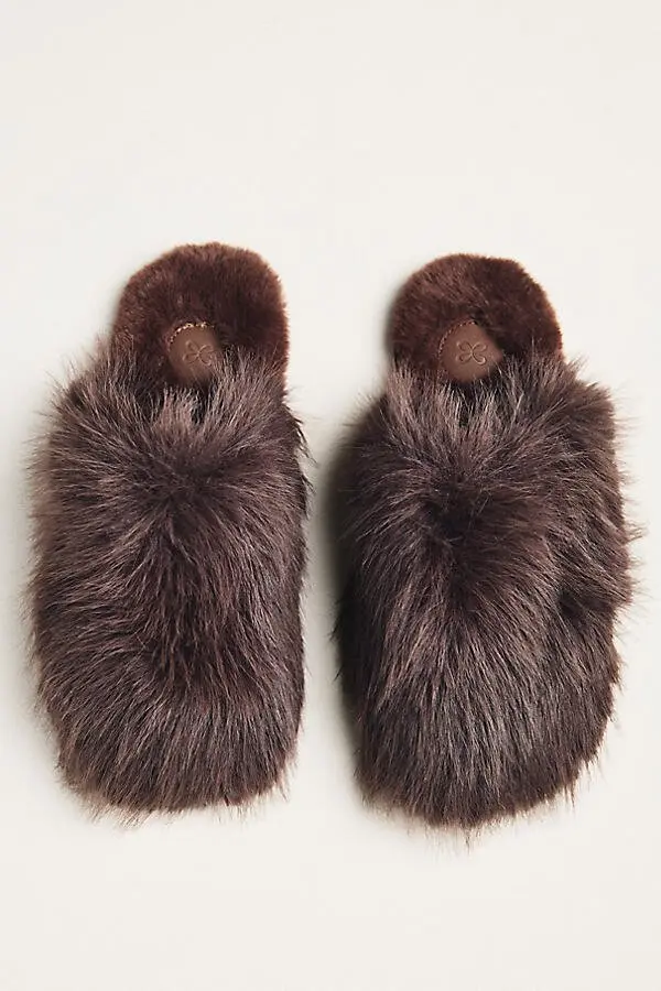 Maeve Fuzzy Faux Fur Slippers - Chocolate Brown