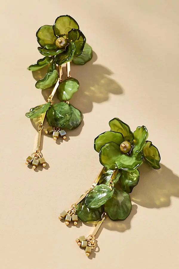 Anthropologie Floral Drop Earrings - Olive