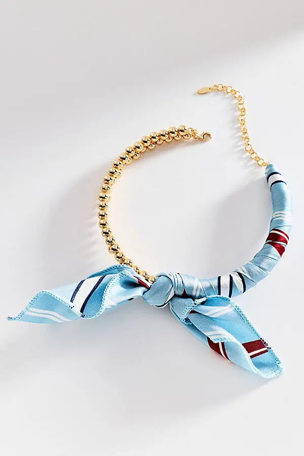 Anthropologie Beaded Silk Scarf Collar Necklace - Light Blue