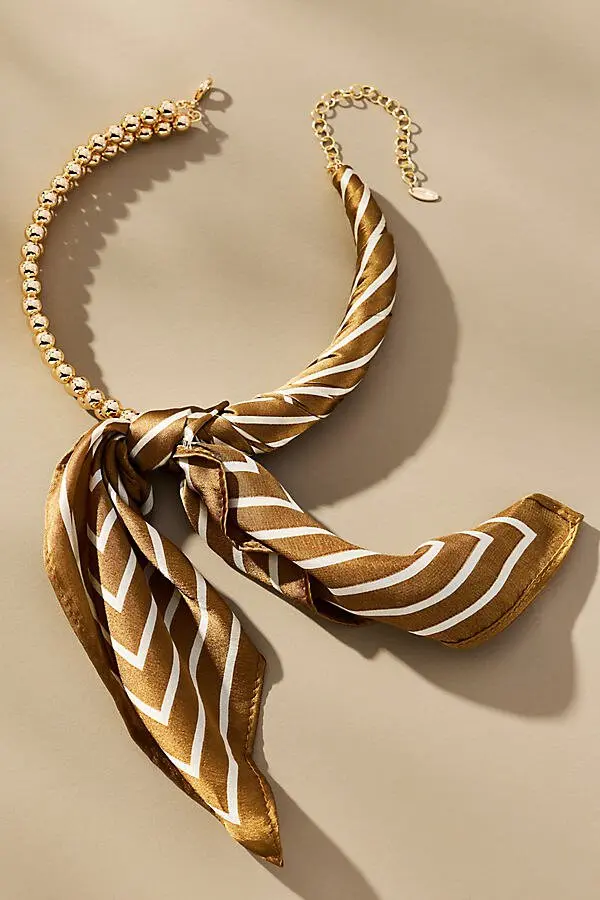 Anthropologie Beaded Silk Scarf Collar Necklace - Neutral