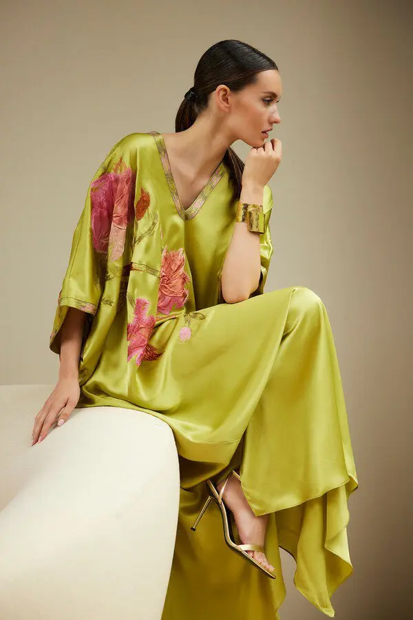Natori Couture Brushstroke Embellished Cocoon Silk Caftan - Green