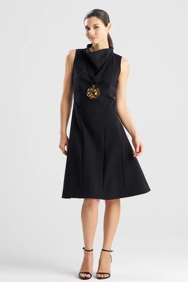 Natori Techno Crepe Fit & Flare Funnel Neck Dress - Black