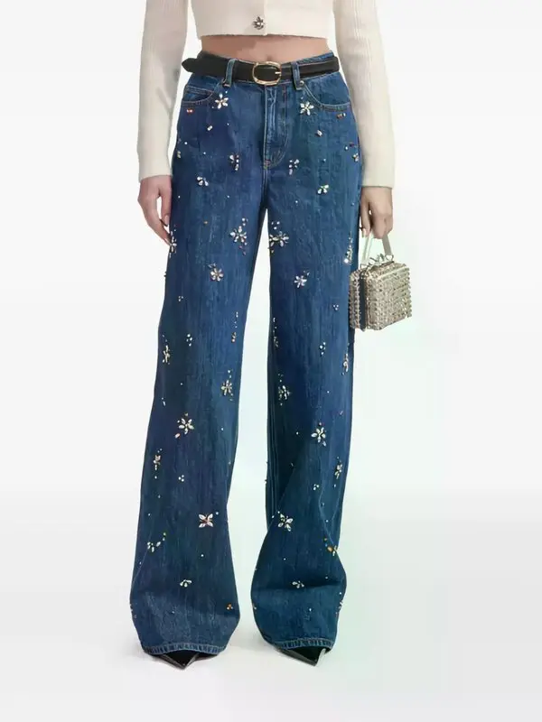 SELF-PORTRAIT Crystal-embellished Wide-leg Jeans - Blue
