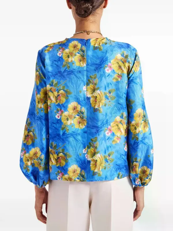 La DoubleJ Floral Balloon-sleeve Top - Blue