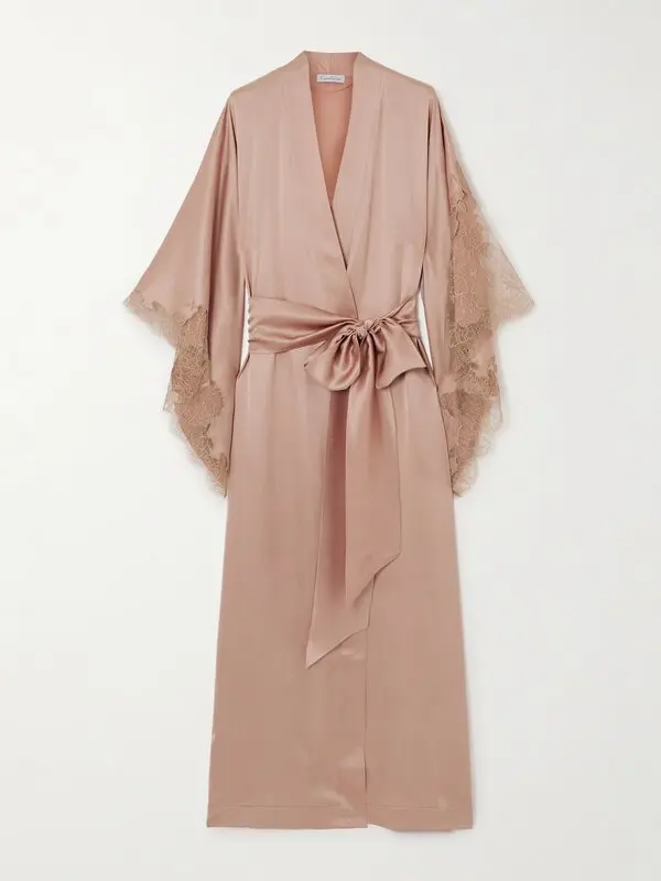 Carine Gilson Belted Lace-trimmed Silk-satin Robe - Pink