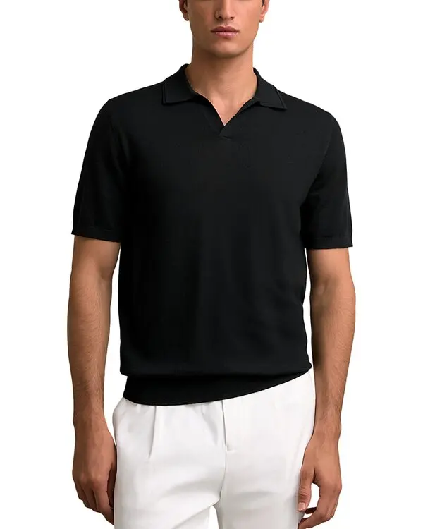 REISS Duchie Short Sleeve Open Collar Merino Polo Shirt - Black
