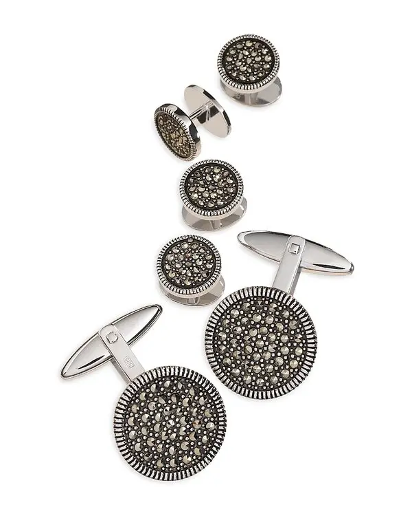 JAN LESLIE Round Sterling & Marcasite Stud & Cufflink Set - Silver