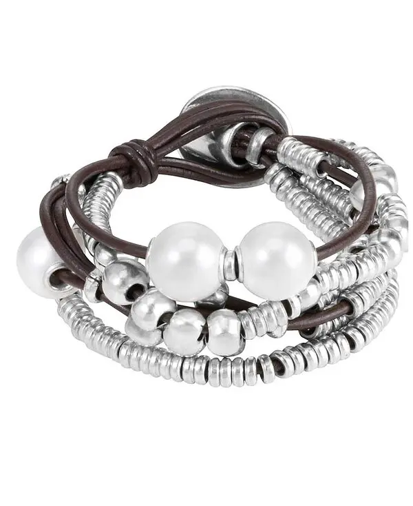 UNODE50 Smooth Leather And Sterling -plated Bracelet With Pearls - Silver