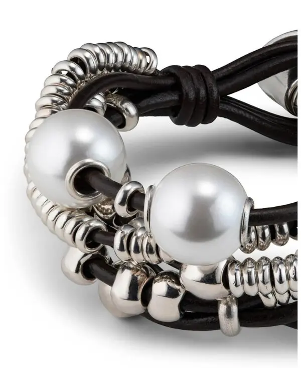 UNODE50 Smooth Leather And Sterling -plated Bracelet With Pearls