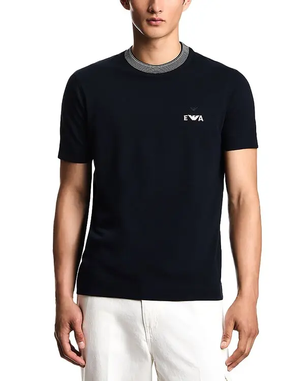Emporio Armani Striped Crewneck Pique Tee - Solid Blue