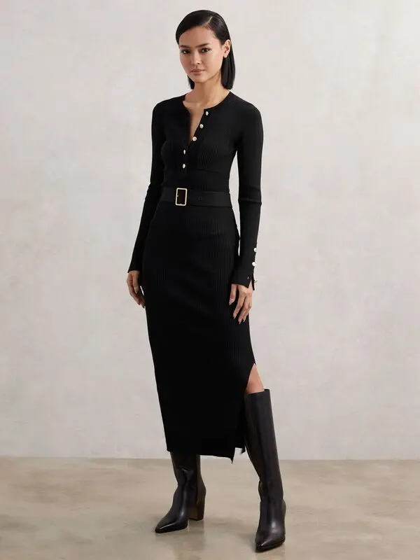 REISS Willow Rib-knit Midi Dress - Black