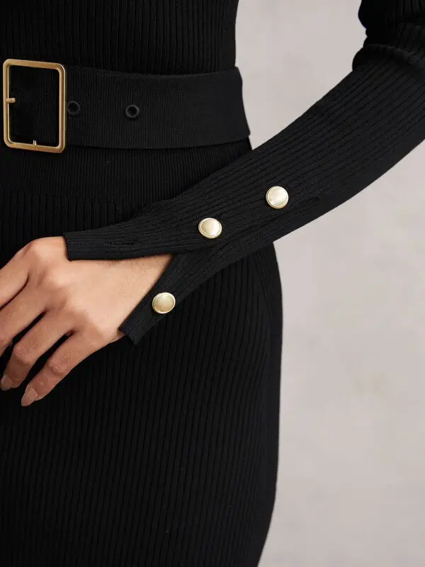 Reiss - Black Buttoned Rib-knit Midi Dress, XL
