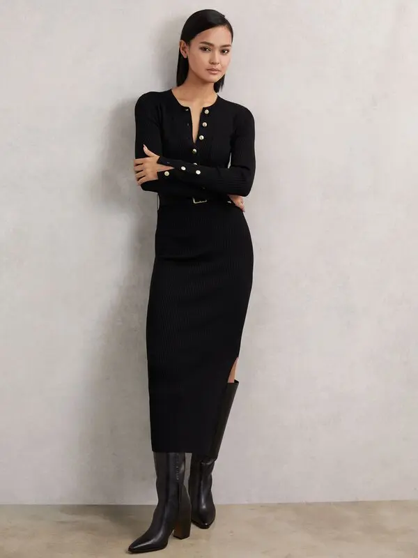 REISS Willow Rib-knit Midi Dress - Black