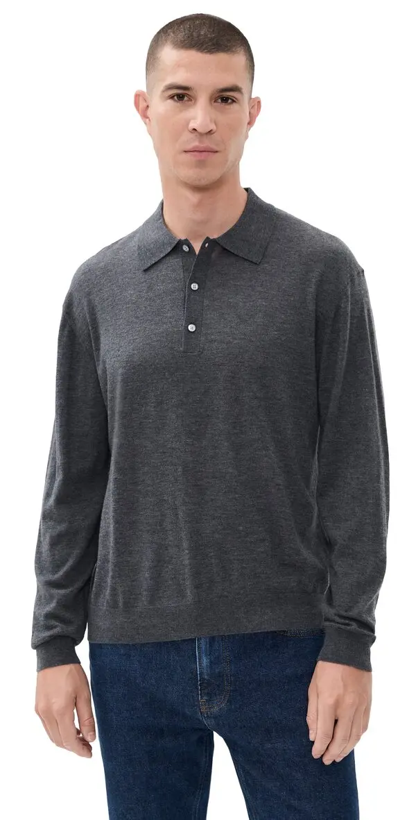 FRAME Long Sleeve Superfine Polo Sweater - Grey Melange