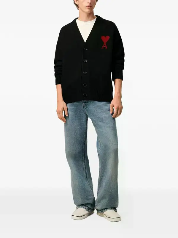 AMI Paris De Coeur Embroidered Wool Cardigan