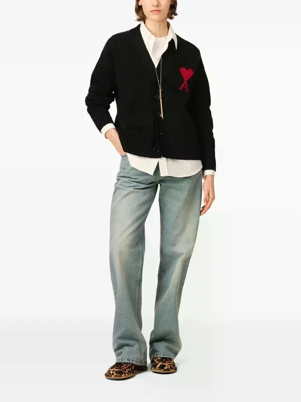 AMI Paris De Cœur Intarsia-knit Wool Cardigan - Black