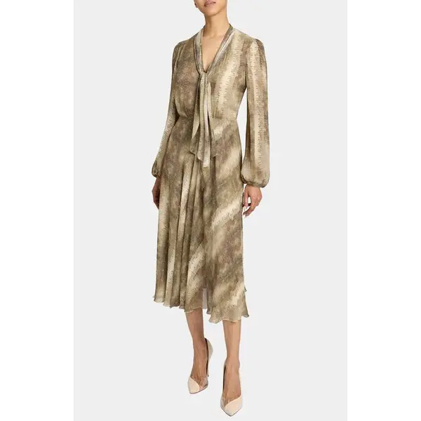 Santorelli Printed Tie-neck Midi Dress